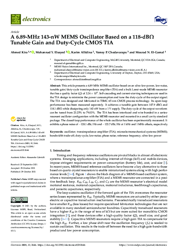 (PDF) A 6.89-MHz 143-nW MEMS Oscillator Based on a 118-dBΩ Tunable Gain and Duty-Cycle CMOS TIA