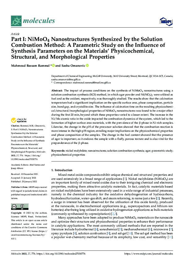 (PDF) Part I: NiMoO4 Nanostructures Synthesized by the Solution ...