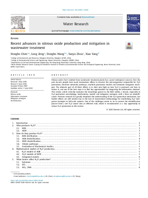 (PDF) Recent advances in nitrous oxide production and mitigation in wastewater treatment