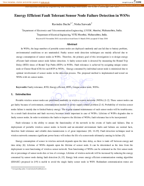 (PDF) Energy Efficient Fault Tolerant Sensor Node Failure Detection in WSNs