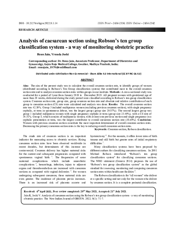 (PDF) Analysis of caesarean section using Robson’s ten group classification system - a way of ...