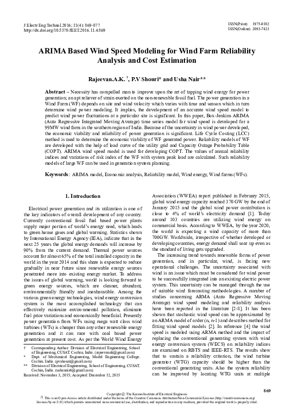 Pdf Arima Based Wind Speed Modeling For Wind Farm Reliability