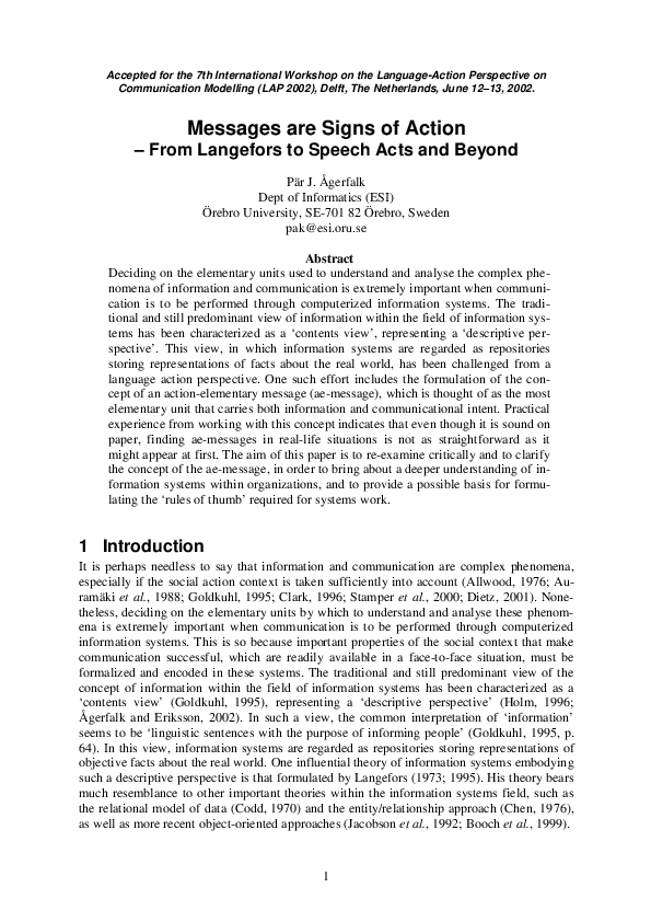 (PDF) Messages are Signs of Action-From Langefors to Speech Acts and Beyond