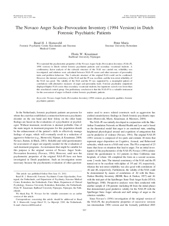 (PDF) The Novaco Anger Scale–Provocation Inventory (1994 version) in ...