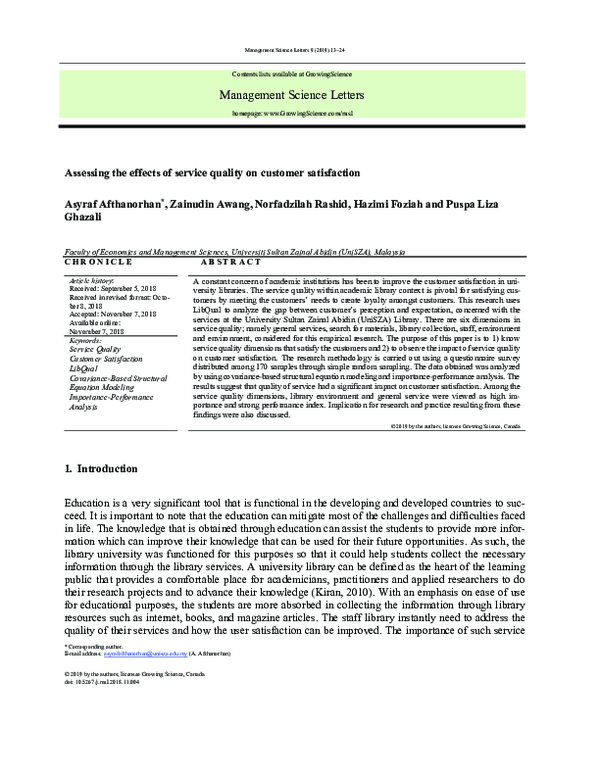 Pdf Assessing The Effects Of Service Quality On Customer Satisfaction