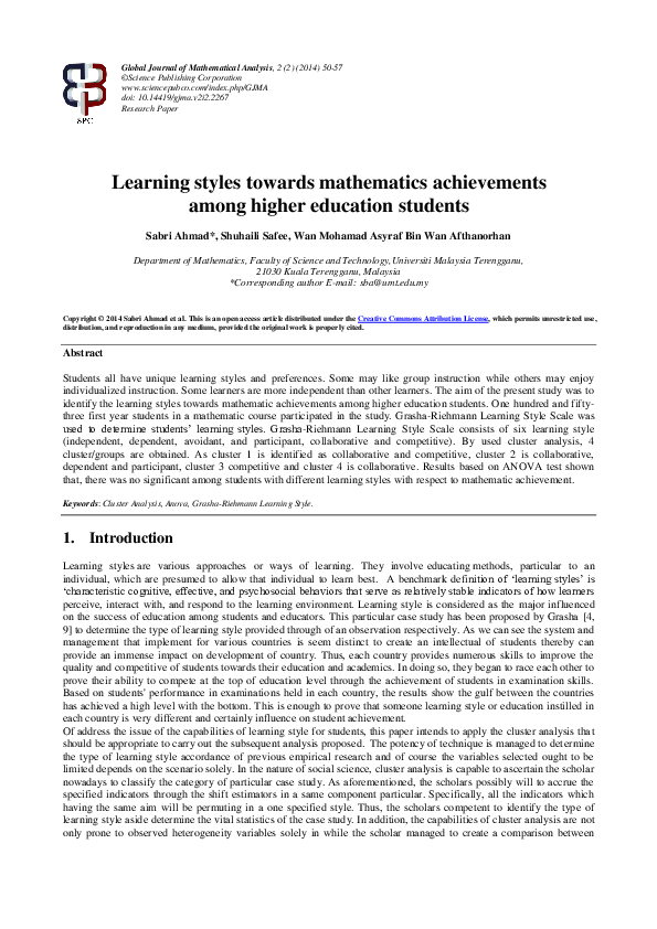 (PDF) Learning styles towards mathematics achievements among higher education students