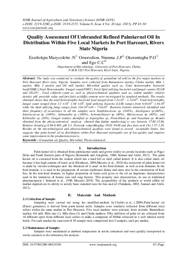 (PDF) Quality Assessment Of Unbranded Refined Palmkernel Oil In ...