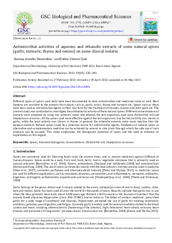 (PDF) Antimicrobial activities of aqueous and ethanolic extracts of some natural spices (garlic ...