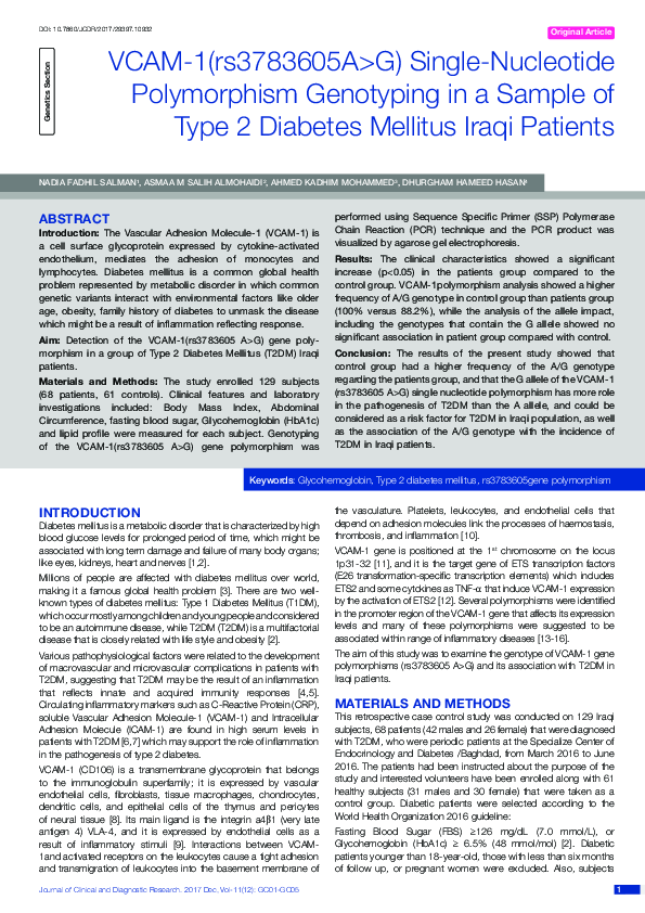 (PDF) VCAM-1(rs3783605A>G) Single-Nucleotide Polymorphism Genotyping in a Sample of Type 2 ...