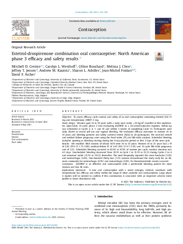 (PDF) Estetrol-drospirenone combination oral contraceptive: North ...