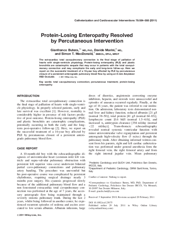 (PDF) Protein-losing enteropathy resolved by percutaneous intervention