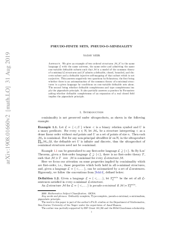 (PDF) Pseudo-Finite Sets, Pseudo-O-Minimality