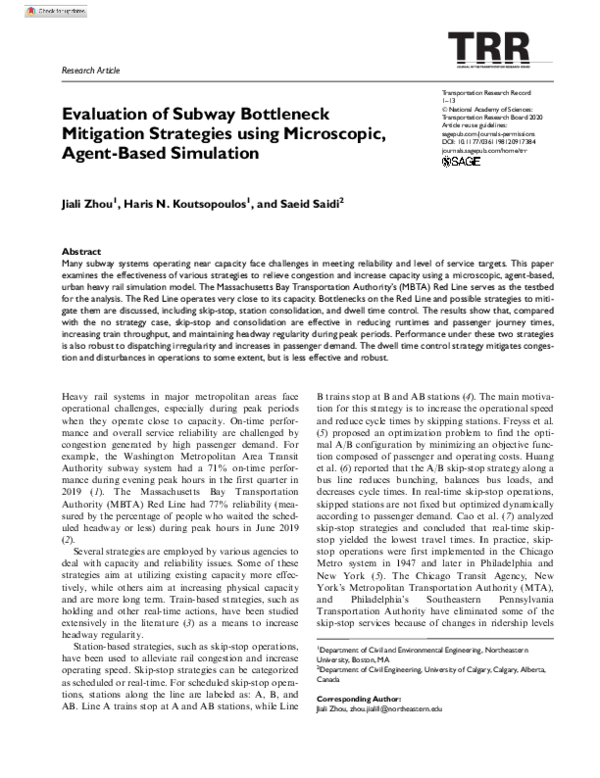 (PDF) Evaluation of Subway Bottleneck Mitigation Strategies using Microscopic, Agent-Based ...