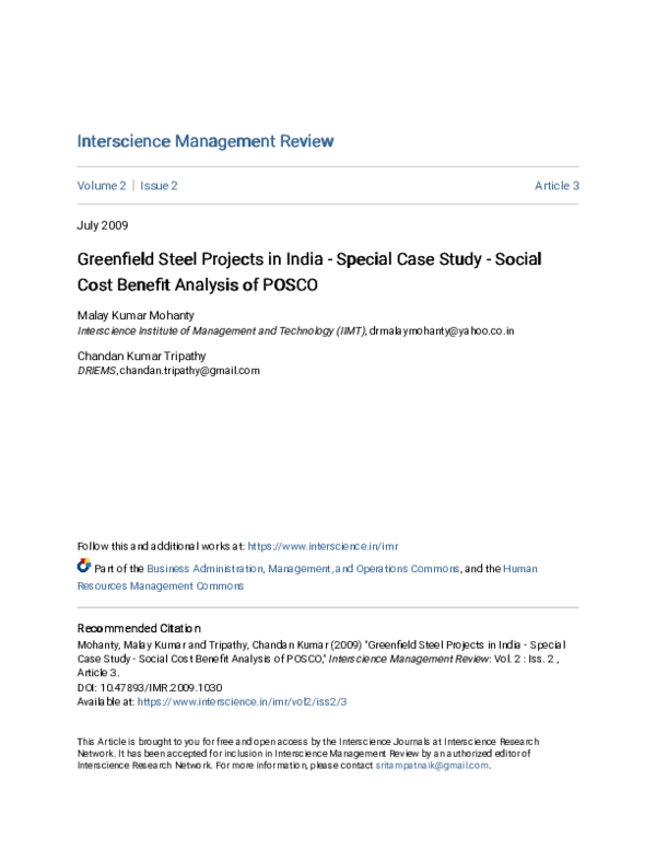 (PDF) Greenfield Steel Projects in India - Special Case Study - Social Cost Benefit Analysis of ...