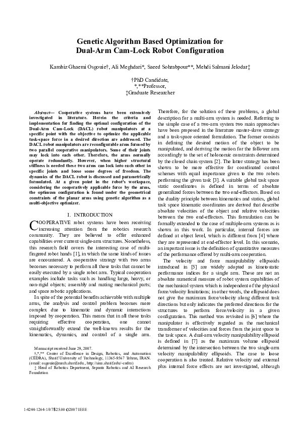 Pdf Genetic Algorithm Based Optimization For Dual Arm Cam Lock Robot Configuration