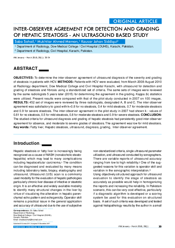 (PDF) Inter-observer agreement for detection and grading of hepatic steatosis- An ultrasound ...