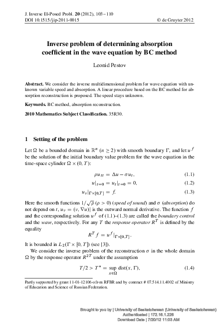 (PDF) Inverse problem of determining absorption coefficient in the wave equation by BC method