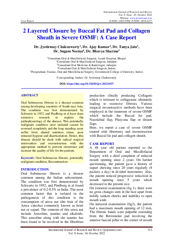 (PDF) 2 Layered Closure by Buccal Fat Pad and Collagen Sheath in Severe OSMF: A Case Report ...