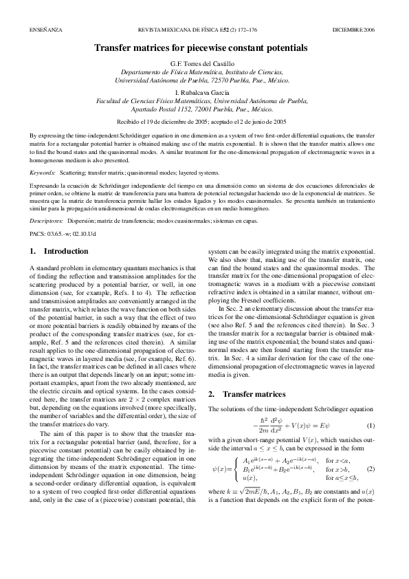 (PDF) Transfer matrices for piecewise constant potentials
