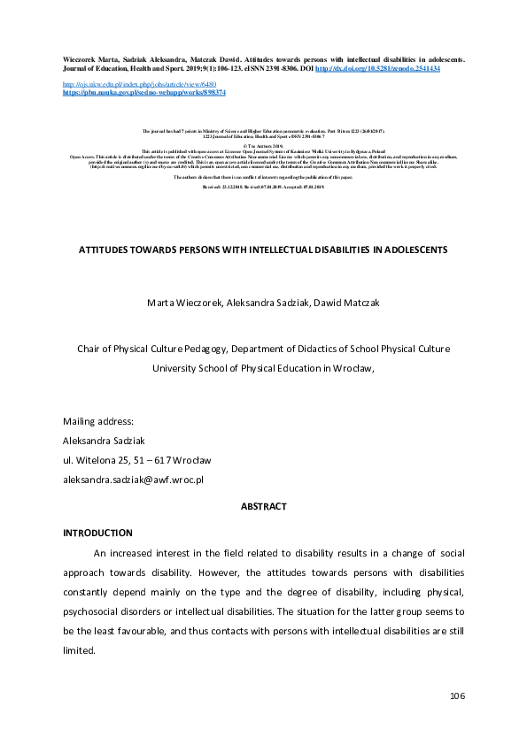 (PDF) Attitudes Towards Persons with Intellectual Disabilities in Adolescents