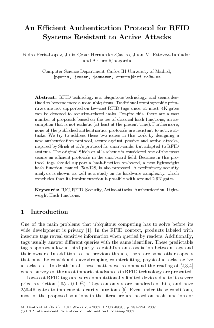 (PDF) An Efficient Authentication Protocol for RFID Systems Resistant to Active Attacks