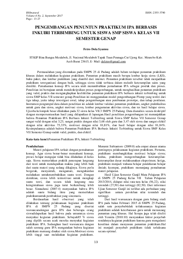 (PDF) Pengembangan Penuntun Praktikum Ipa Berbasis Inkuiri Terbimbing Untuk Siswa SMP Siswa ...