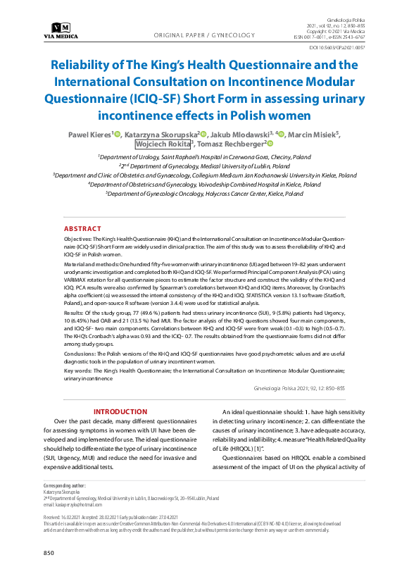 (PDF) Reliability of The King’s Health Questionnaire and the ...