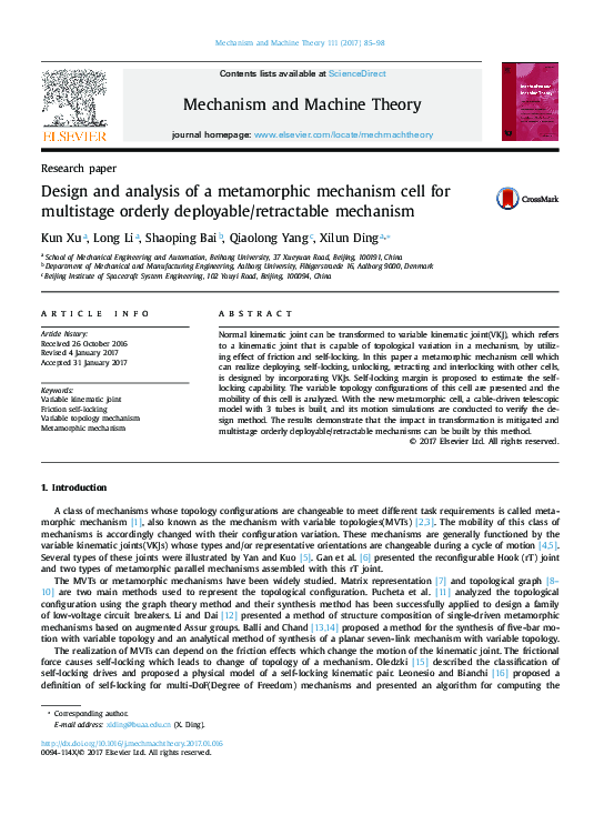 (PDF) Design and analysis of a metamorphic mechanism cell for multistage orderly deployable ...