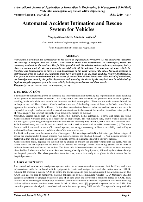 Pdf Automated Accident Intimation And Rescue System For Vehicles