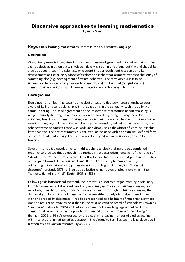 (PDF) Discursive Approaches to Learning Mathematics