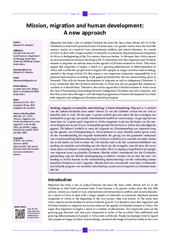 (PDF) Mission, migration and human development: A new approach