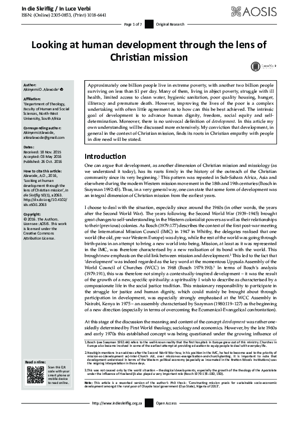 (PDF) Looking at human development through the lens of Christian mission