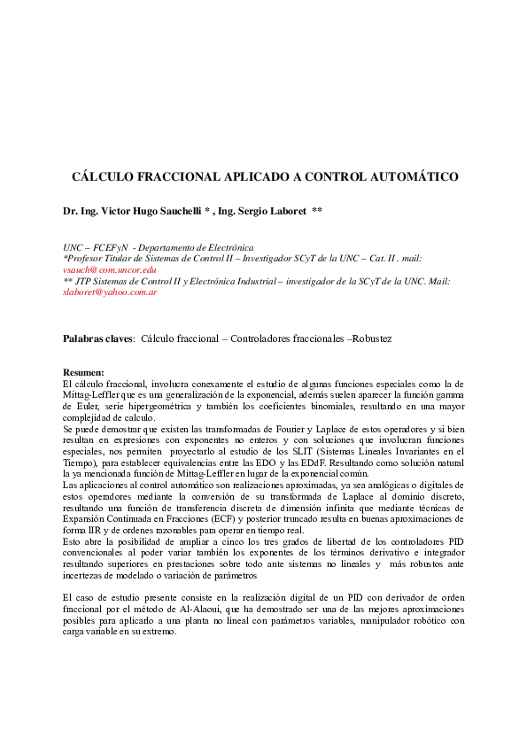 (PDF) Cálculo Fraccional Aplicado a Control Automático | Sergio Laboret - Academia.edu