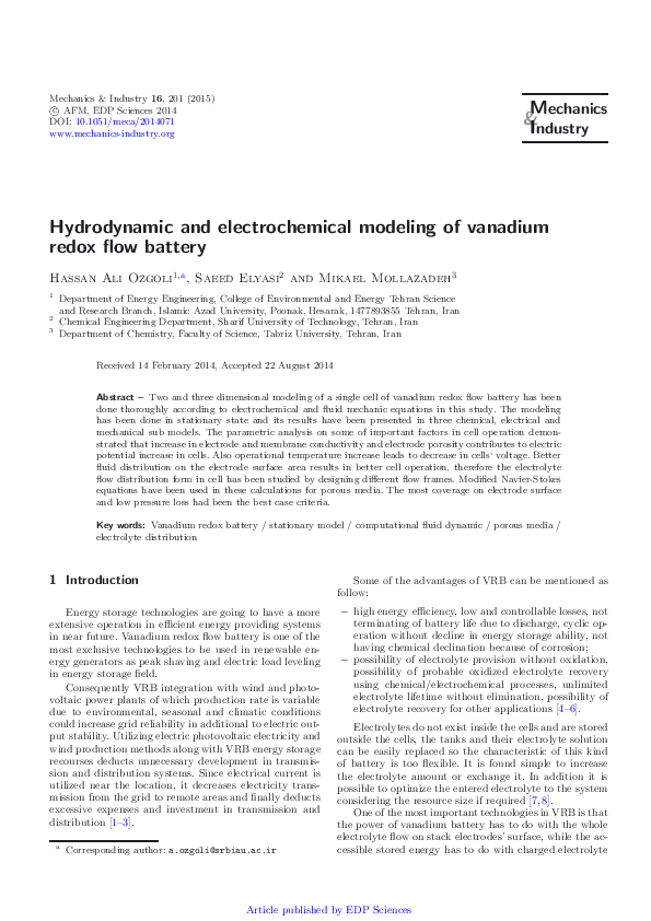 (PDF) Hydrodynamic and electrochemical modeling of vanadium redox flow battery