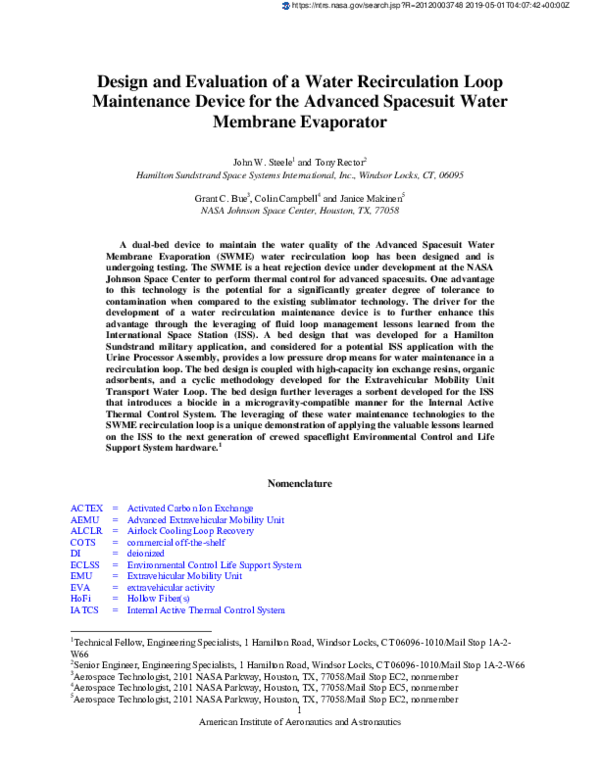 (PDF) Design and Evaluation of a Water Recirculation Loop Maintenance Device for the Advanced ...