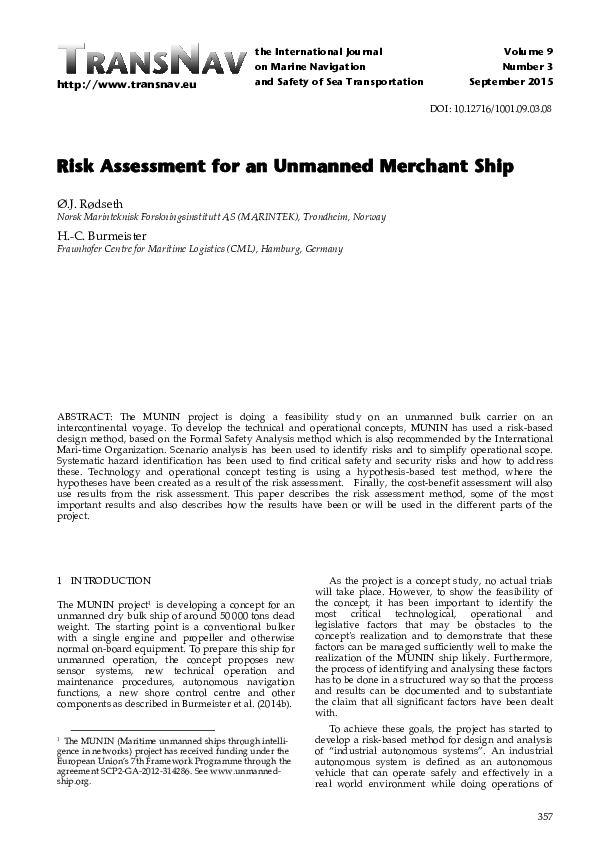 (PDF) Risk Assessment for an Unmanned Merchant Ship