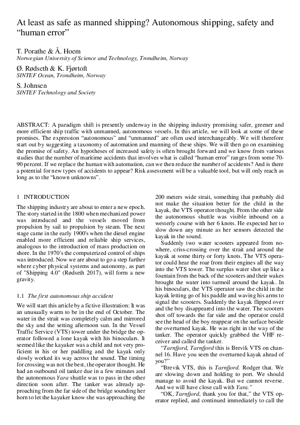 (PDF) At least as safe as manned shipping? Autonomous shipping, safety ...