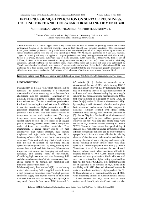 Pdf Influence Of Mql Application On Surface Roughness Cutting Force And Tool Wear For Milling