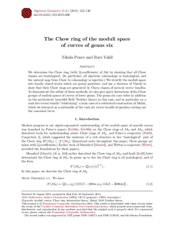 (PDF) The Chow ring of the moduli space of curves of genus six