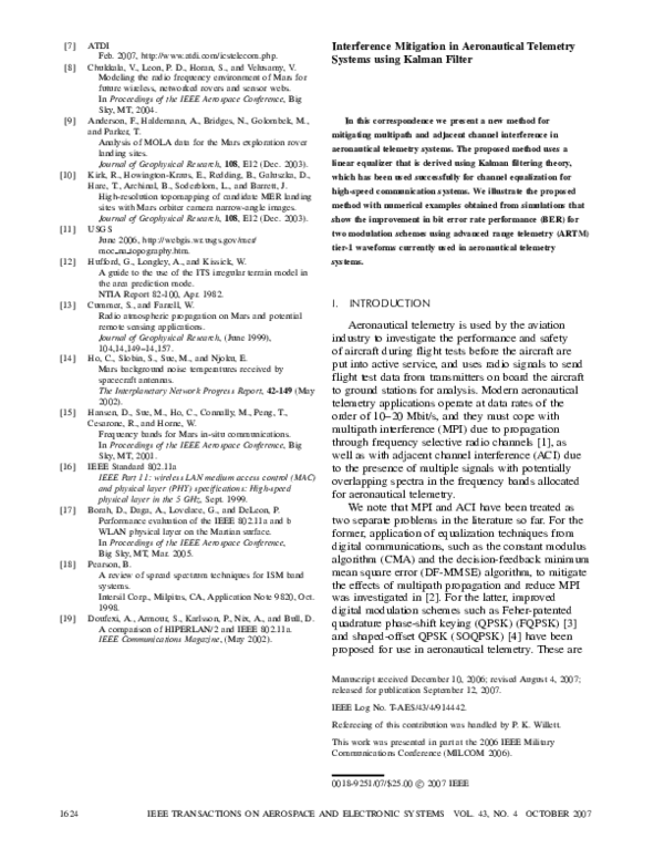 Pdf Interference Mitigation In Aeronautical Telemetry Systems Using Kalman Filter