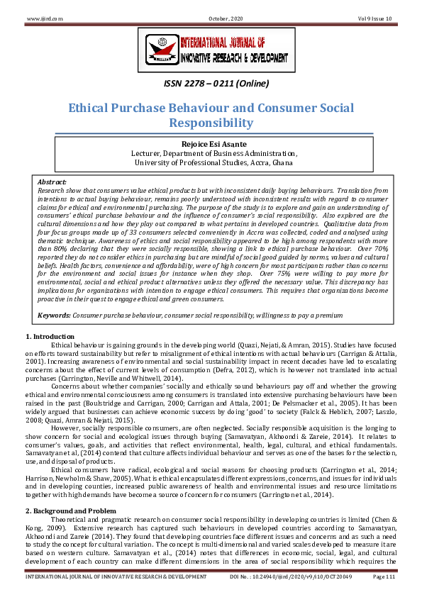 (PDF) Ethical Purchase Behaviour and Consumer Social Responsibility