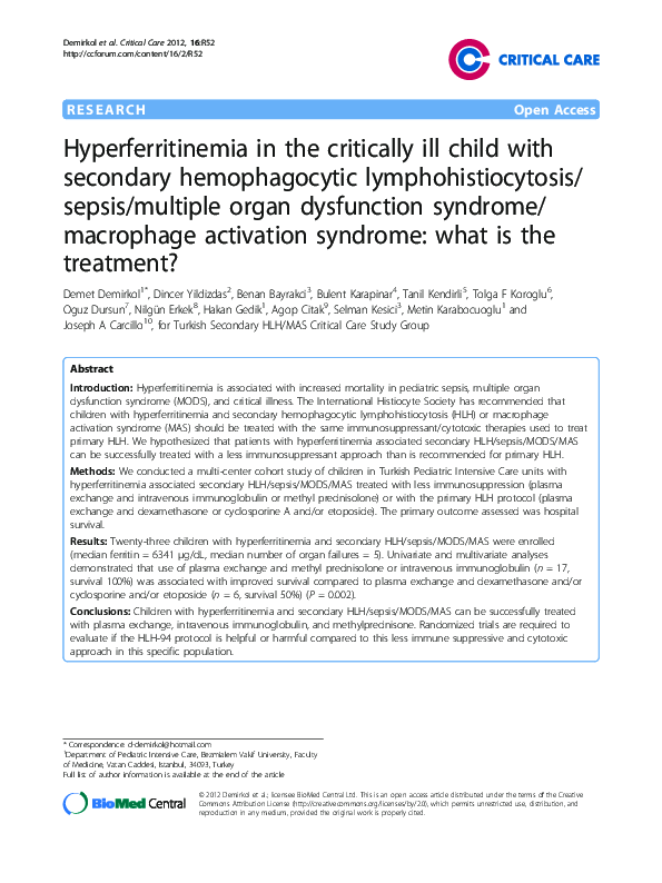 (PDF) Hyperferritinemia in the critically ill child with secondary ...