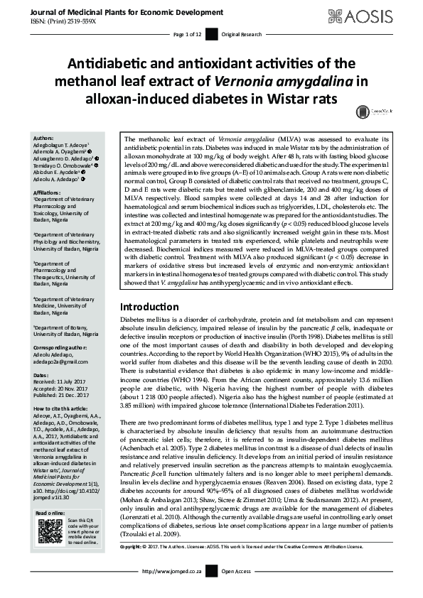 (PDF) Antidiabetic and antioxidant activities of methanol extract of ...