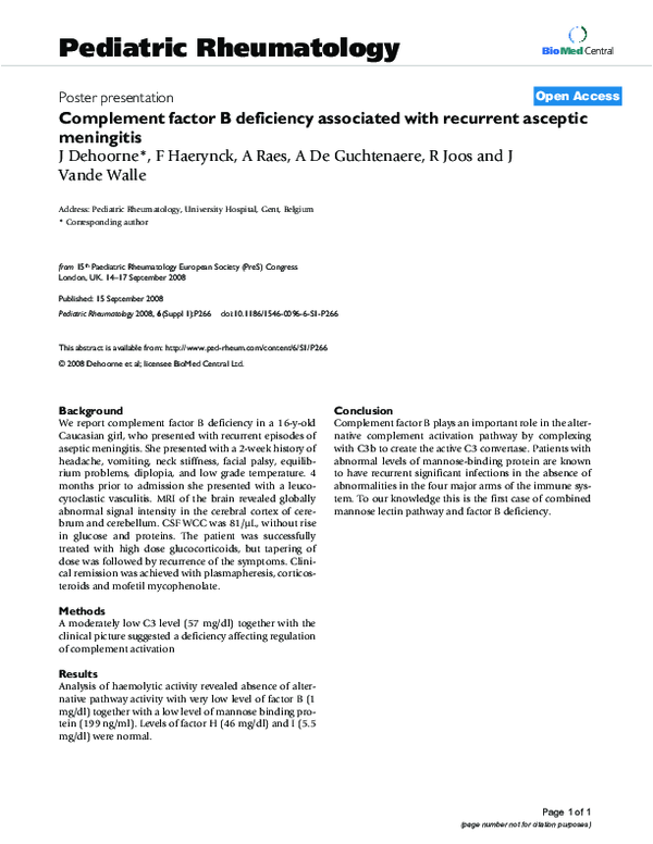 (PDF) Complement factor B deficiency associated with recurrent asceptic meningitis | F. Haerynck ...