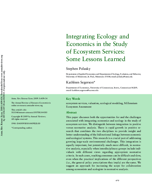 (PDF) Integrating Ecology and Economics in the Study of Ecosystem ...