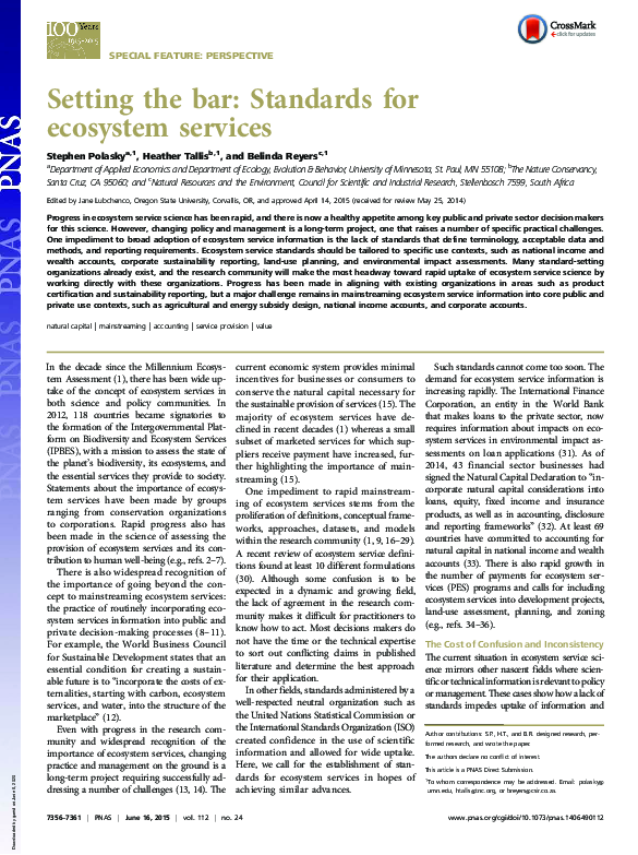 (PDF) Setting the bar: Standards for ecosystem services