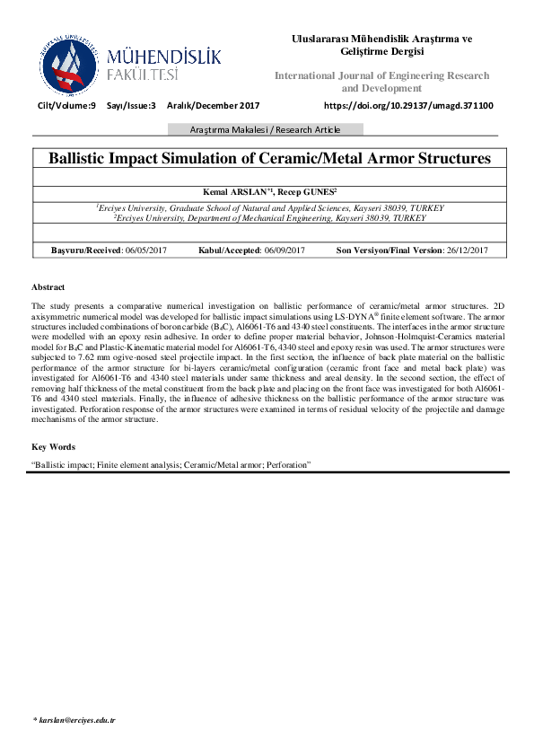 Pdf Ballistic Impact Simulation Of Ceramic Metal Armor Structures