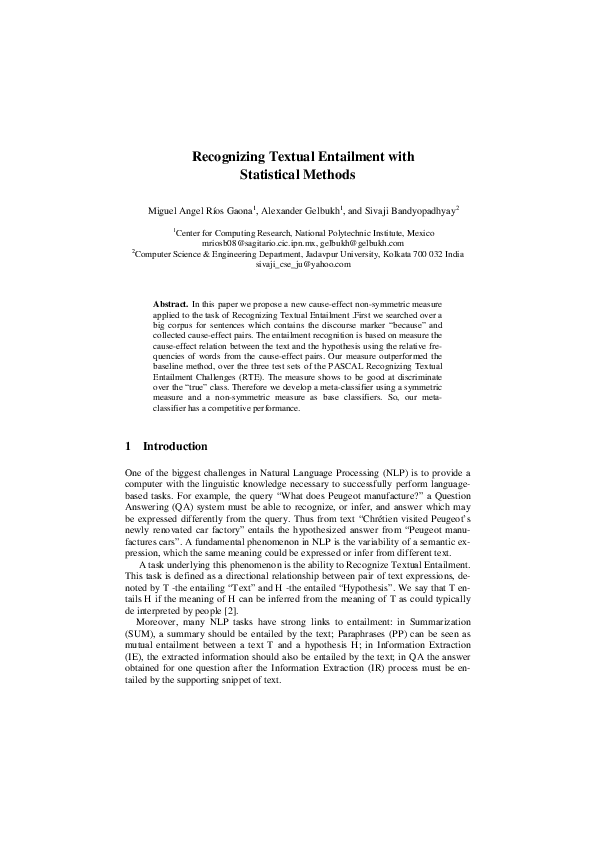 Pdf Recognizing Textual Entailment With Statistical Methods