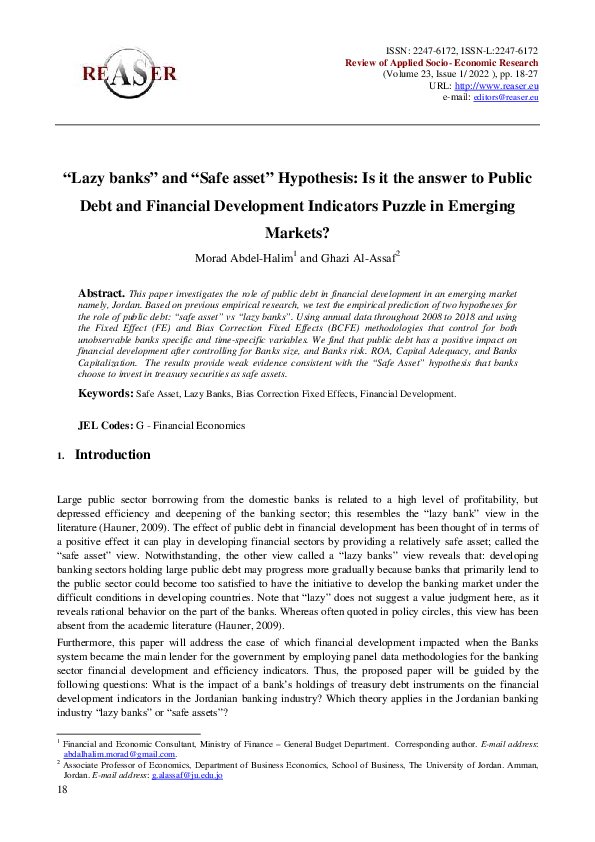 (PDF) “Lazy banks” and “Safe asset” Hypothesis: Is it the answer for Public Debt and Financial ...