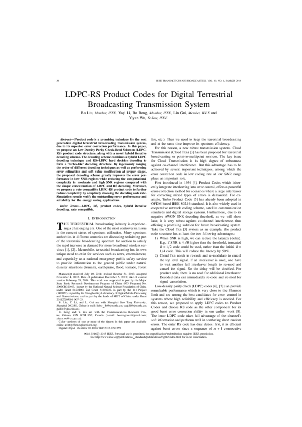 (PDF) LDPC-RS Product Codes for Digital Terrestrial Broadcasting Transmission System